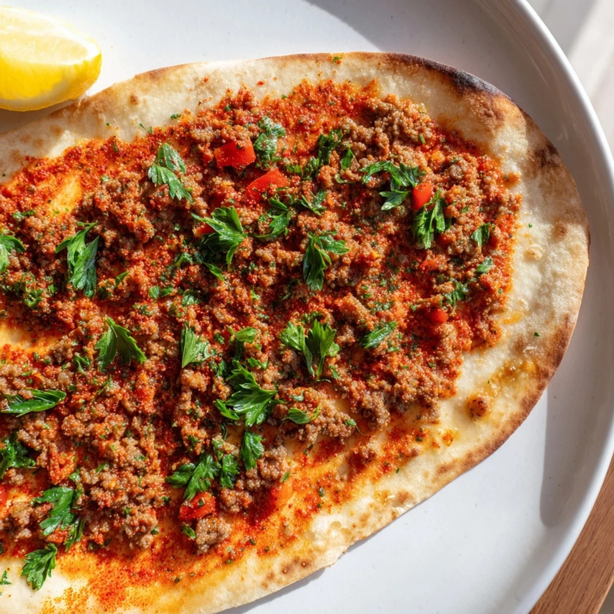 Traditional Turkish Lahmacun Flatbread with Spiced Meat